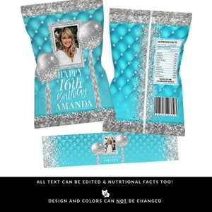 Teal and Silver Chip Bag, Teal and Silver Water Label, Teal Birthday ...