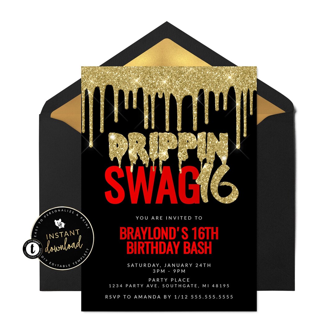 Swag 16 Birthday Invitation, Gold Bling Invitation, Swag 16 Party, Swag ...