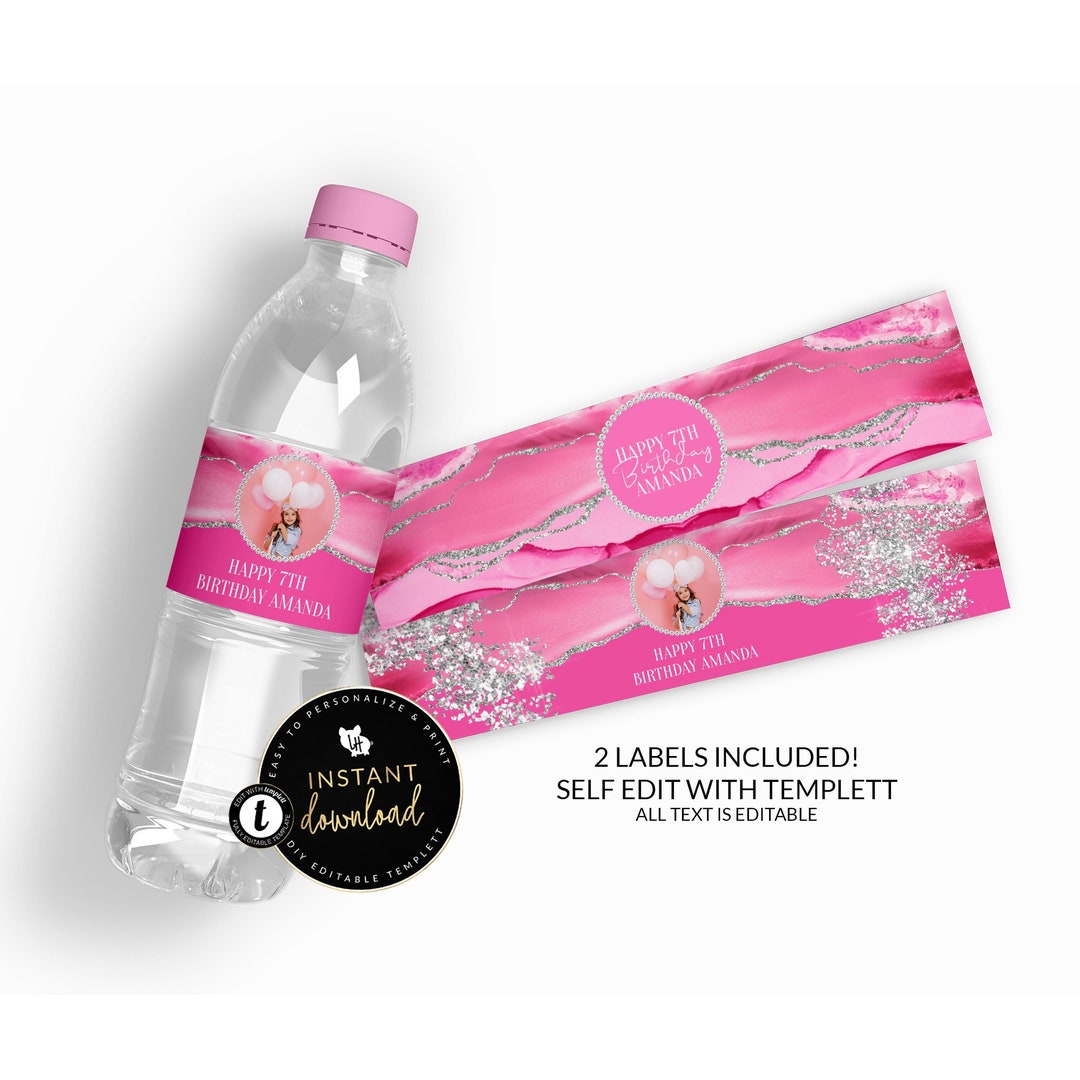 Pink and Silver Water Bottle Labels, Pink Agate Water Label, Pink and ...