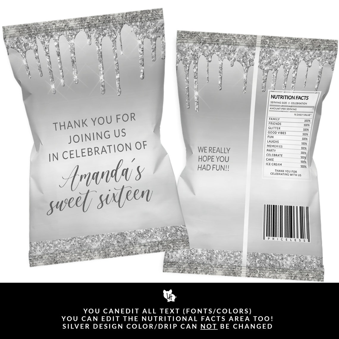 Dripping Silver Chip Bag, Silver Drip Printable Chip Bag, Silver ...