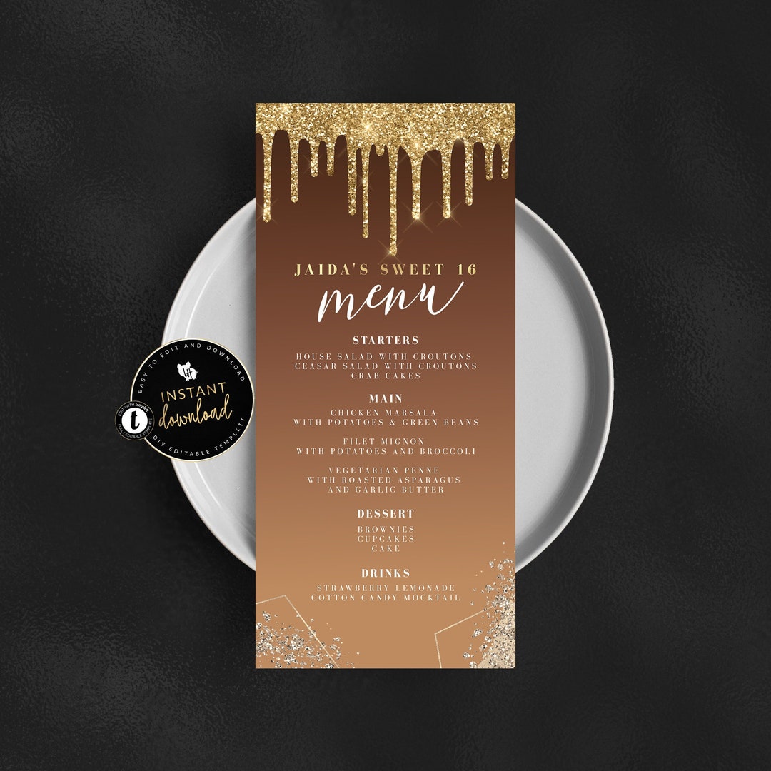 Dripping Gold Menu Card, Neutral Drip Menu, Gold Birthday, Gold 4x9 ...