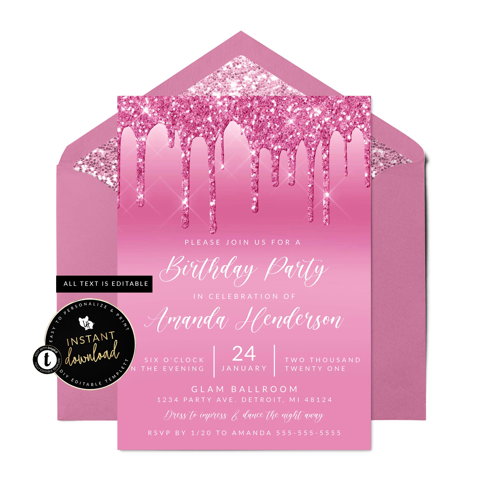 Dripping Pink Invitation, Glitter Slime Invitation, Glitter Drip ...