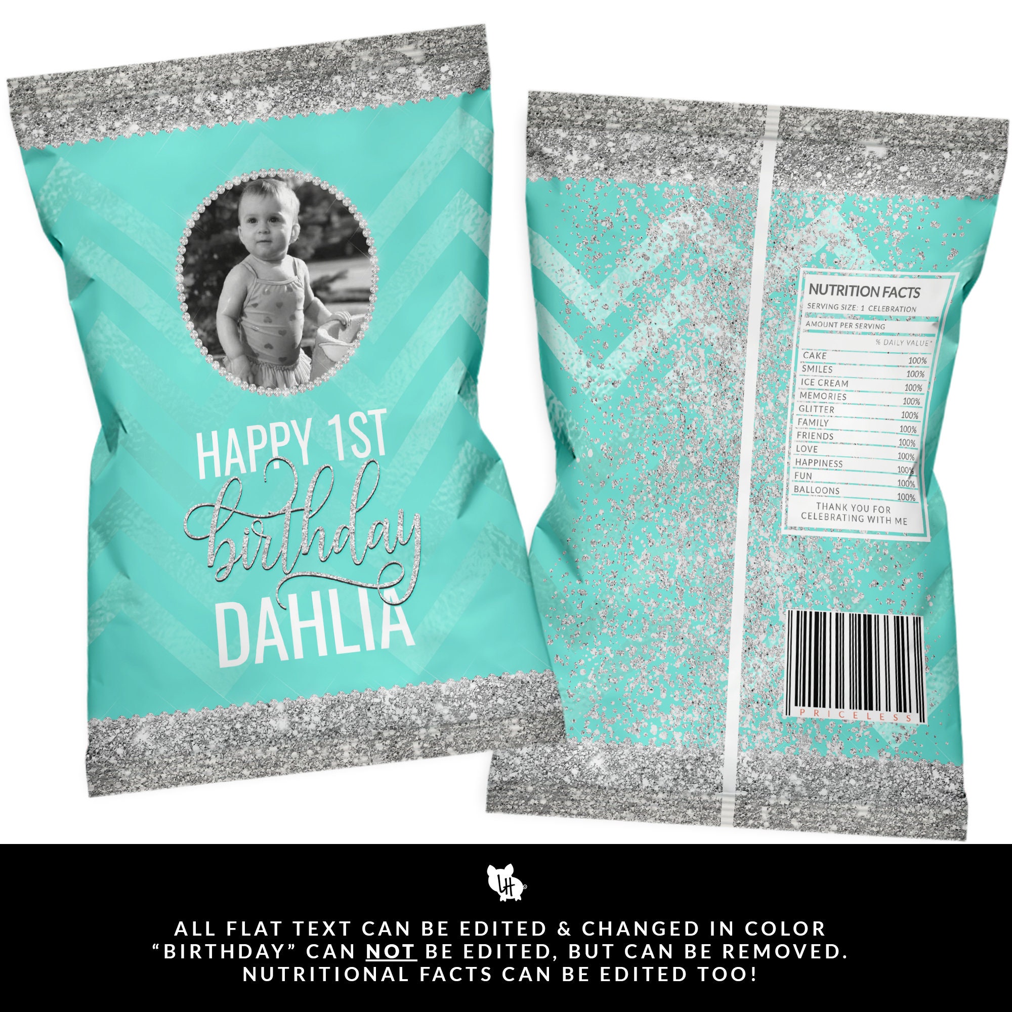 Teal and Silver Chip Bag, Birthday Chip Bag, Girly Chip Bag, Teal Snack ...