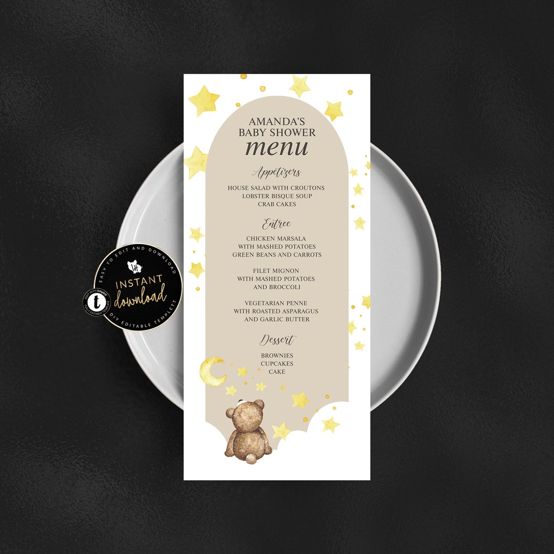 Moon and Stars Teddy Bear Menu, Teddy Bear Baby Shower Menu, Shower ...