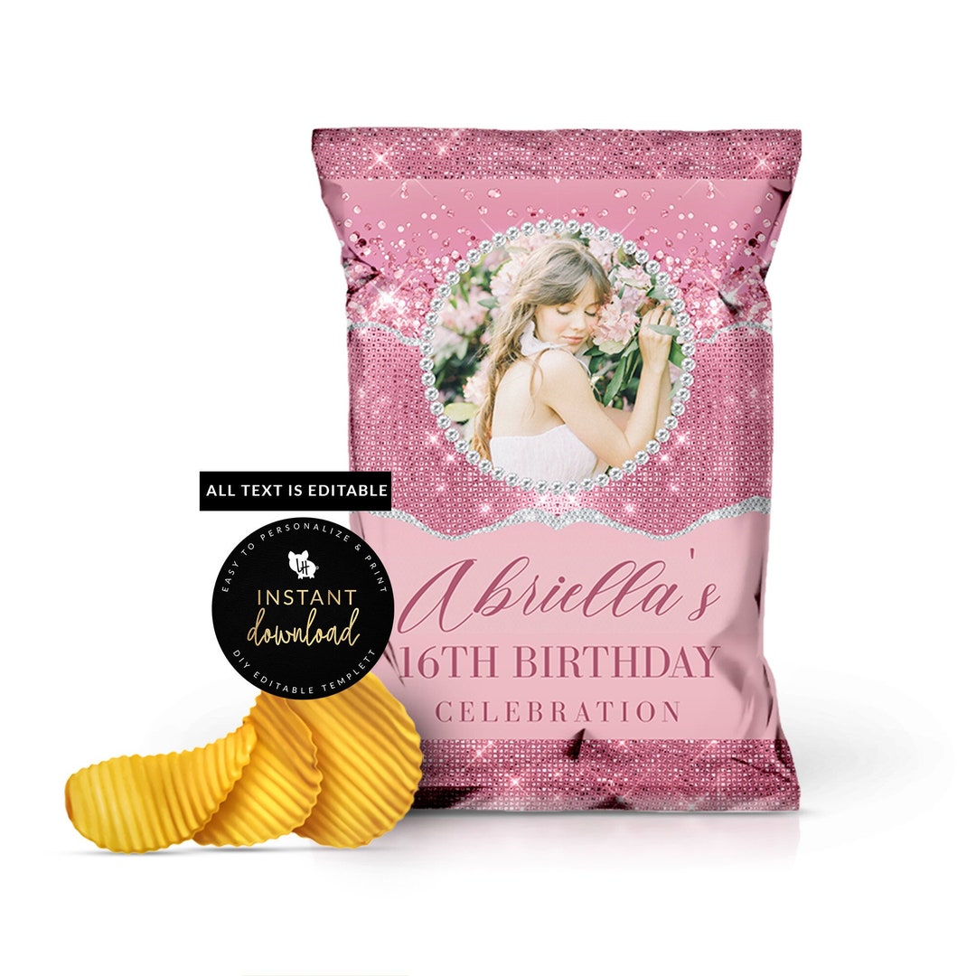 Pink and Silver Chip Bag, Pink Chip Bag, Photo Chip Bag, Girls Birthday ...