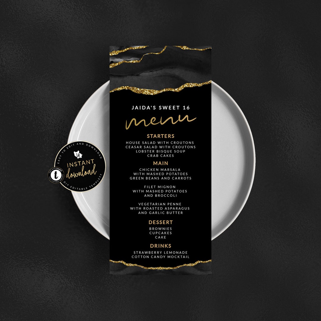 Black and Gold Menu Card, Black and Gold Agate Menu, Black and Gold ...