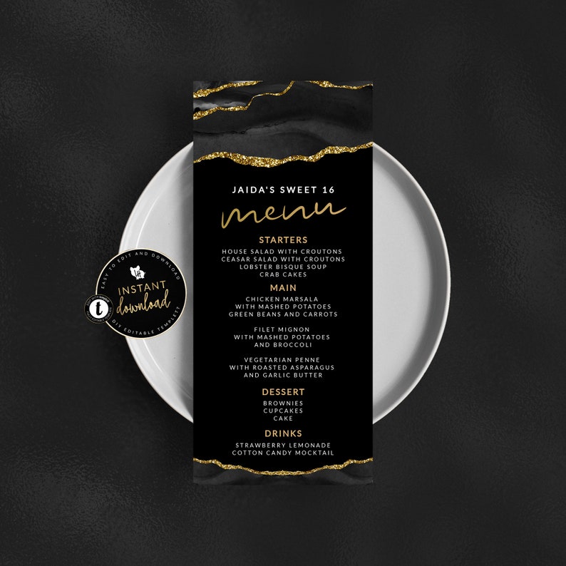 Black and Gold Menu Card Black and Gold Agate Menu Black and - Etsy
