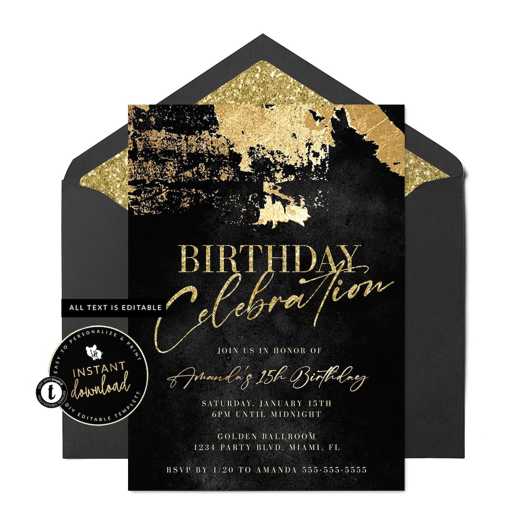 Black and Gold Invitation, Black and Gold Faux Foil Invite, Black and ...