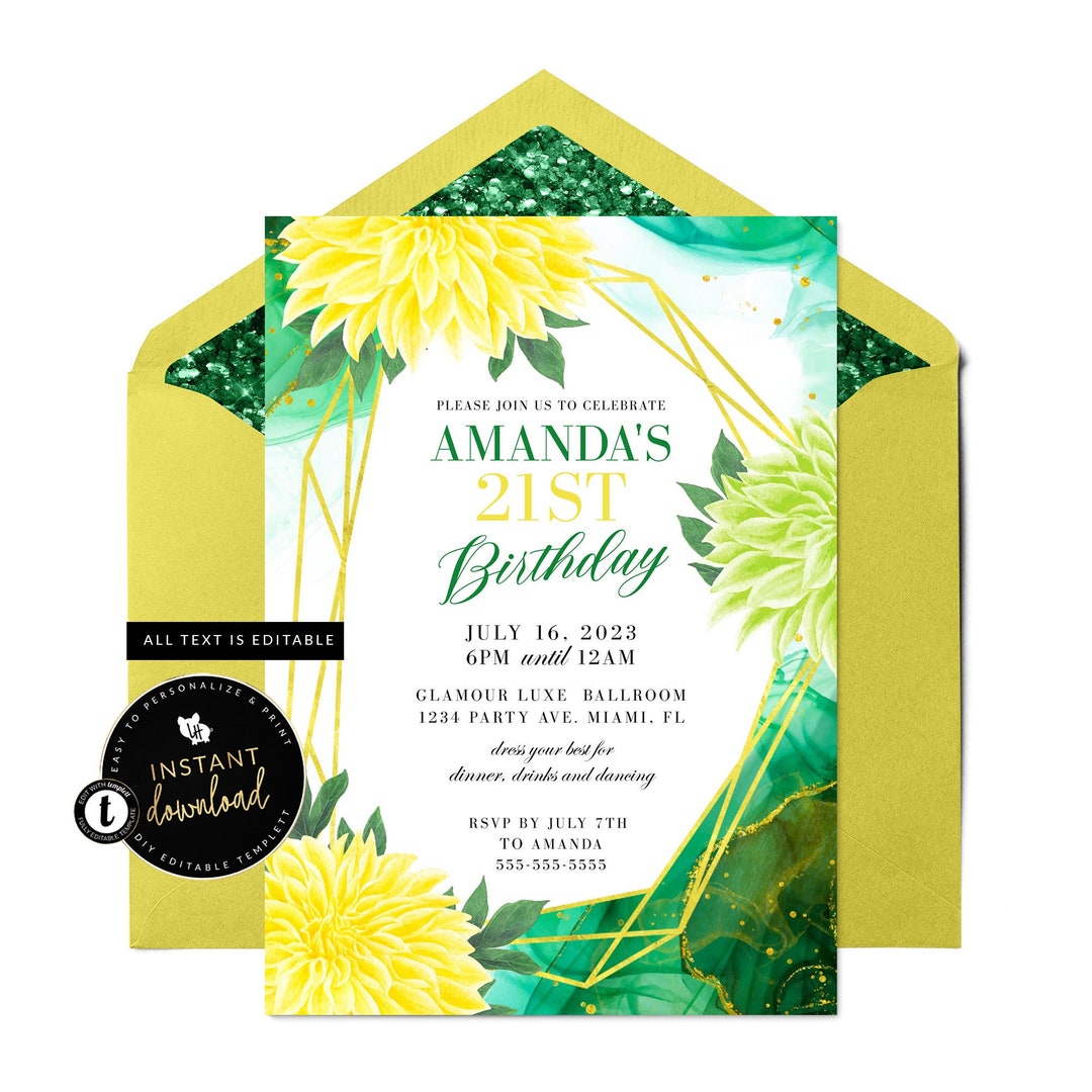 Green and Yellow Invitation, Floral Birthday Invitation, Yellow Floral ...