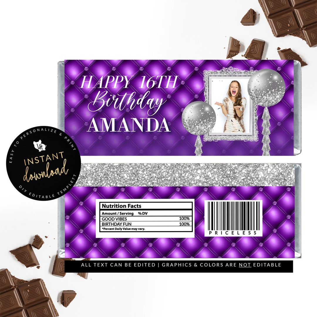 Purple and Silver Candy Bar Label, Tufted Candy Label, Printable Candy ...