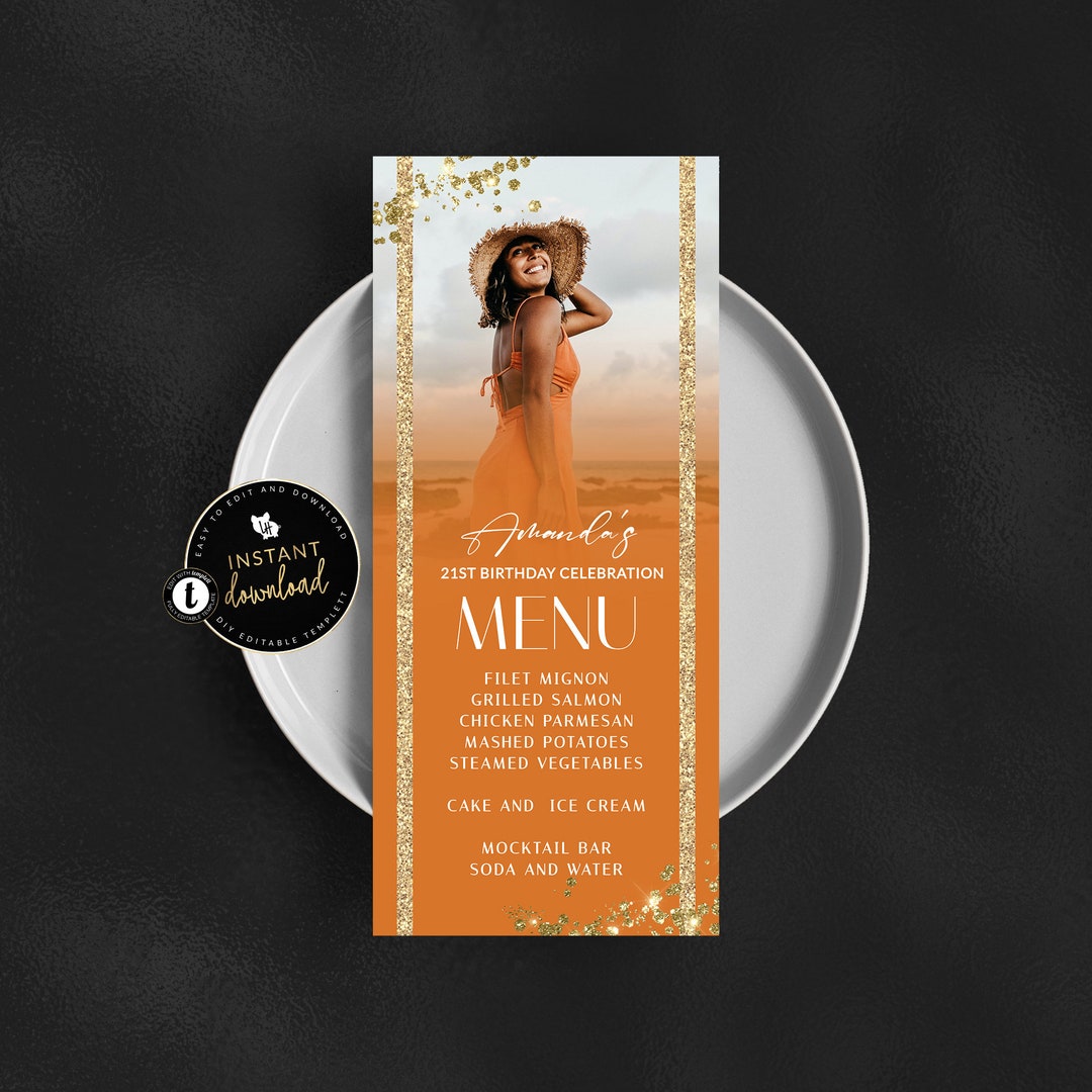 Orange and Gold Photo Menu Card, Orange Menu, Orange and Gold Birthday ...