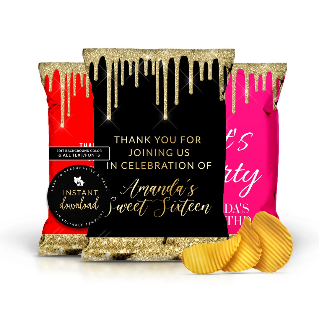 Dripping Gold Chip Bag, Gold Printable Chip Bag, Gold Birthday Favors ...