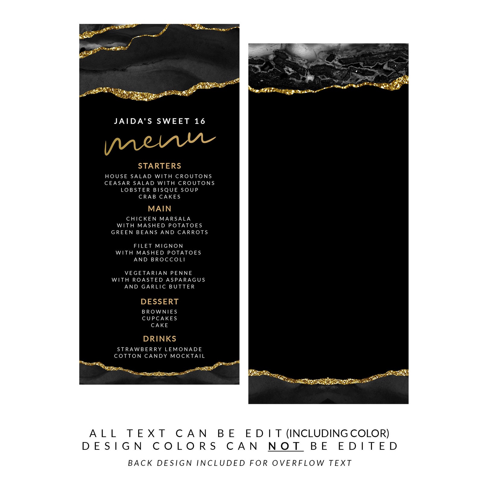 Black and Gold Menu Card Black and Gold Agate Menu Black and - Etsy