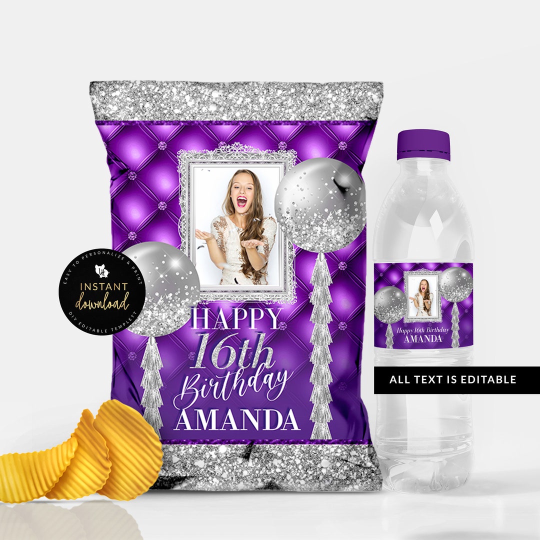 Purple and Silver Chip Bag, Purple and Silver Water Label, Purple ...