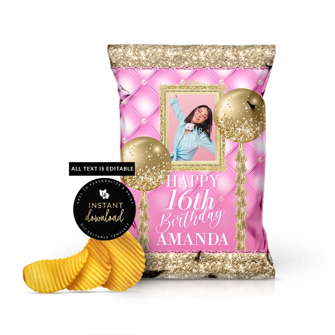 Pink and Gold Chip Bag, Chip Bag With Picture, Pink and Gold Birthday ...