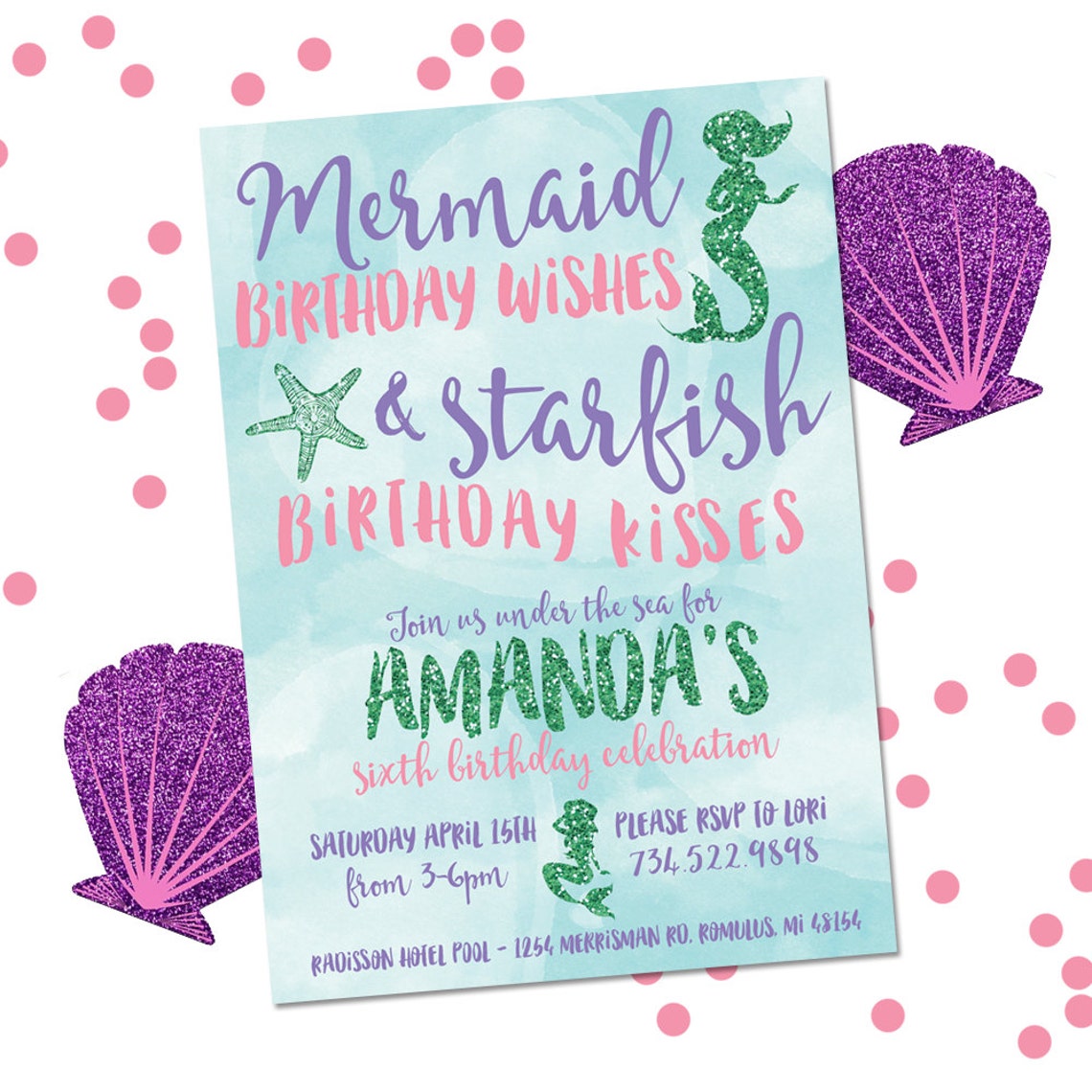 Mermaid Birthday Invitation, Under the Sea, Starfish Kisses (printable ...