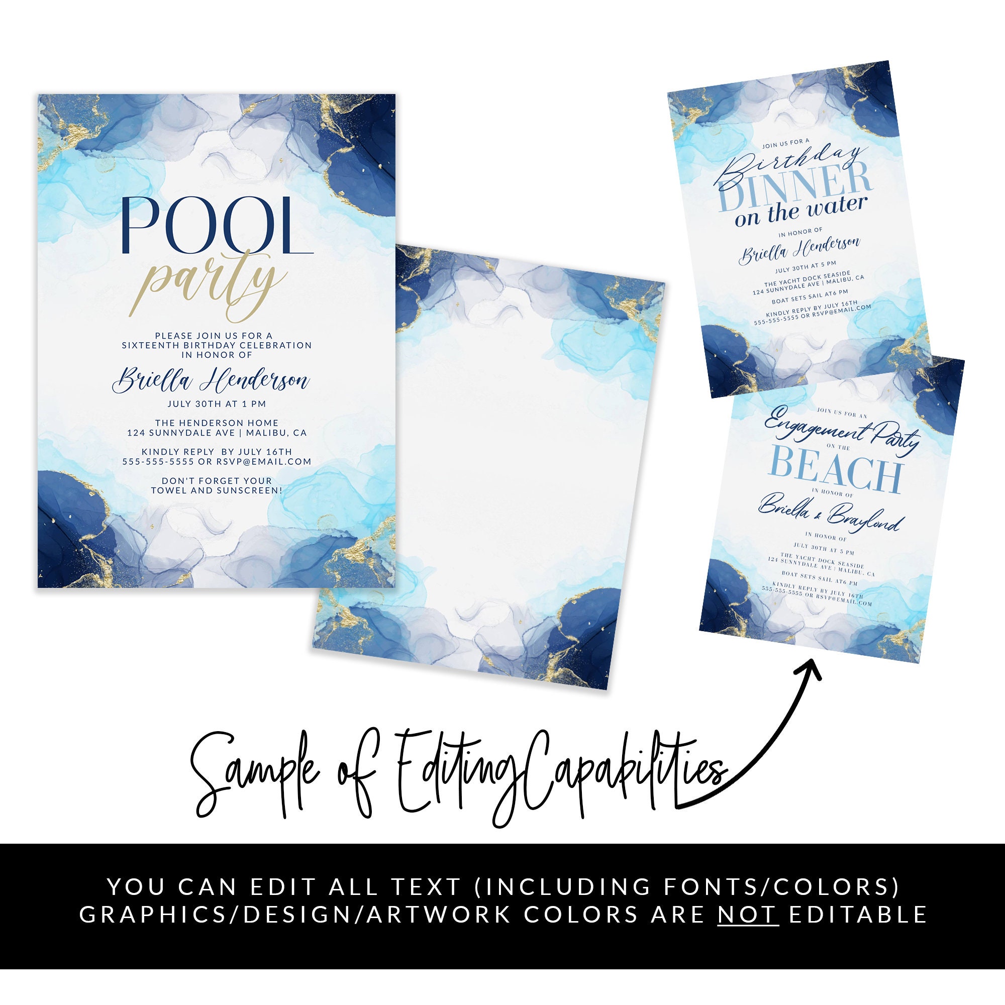 Pool Party Invitation Beach Invite Blue and Gold Invitation | Etsy