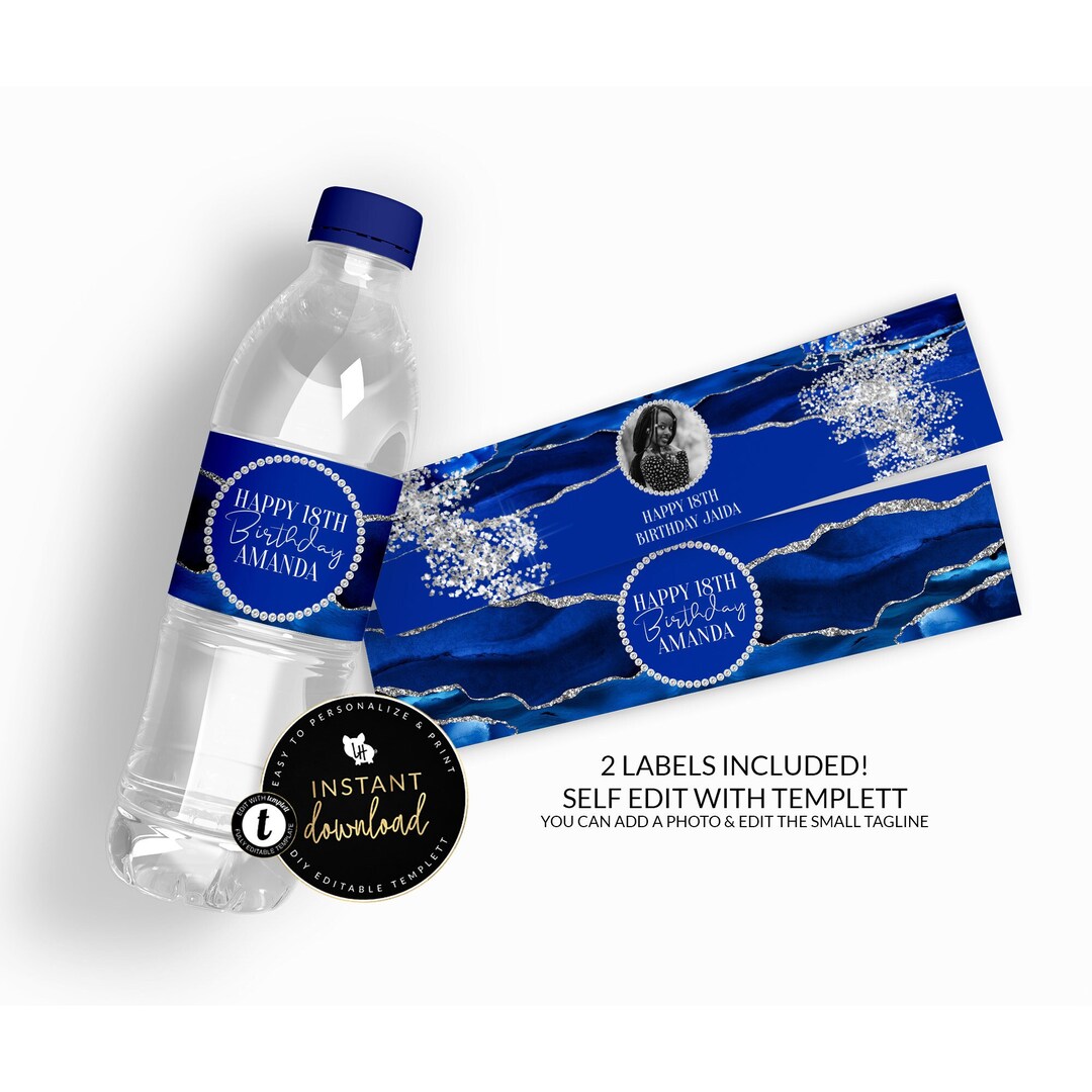 Blue and Silver Water Bottle Labels, Blue and Silver Agate Water Label ...
