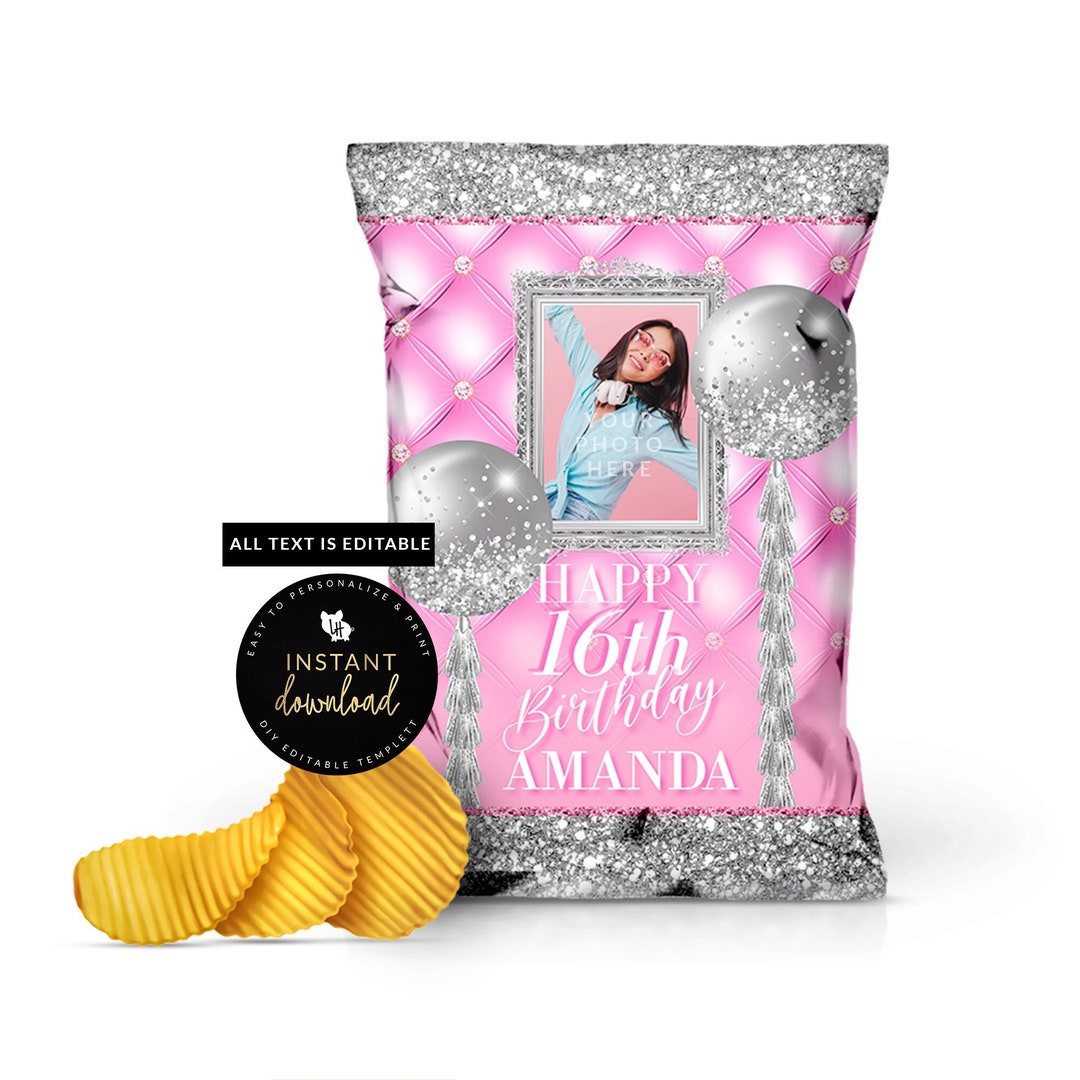 Pink and Silver Chip Bag, Chip Bag With Picture, Pink and Silver ...