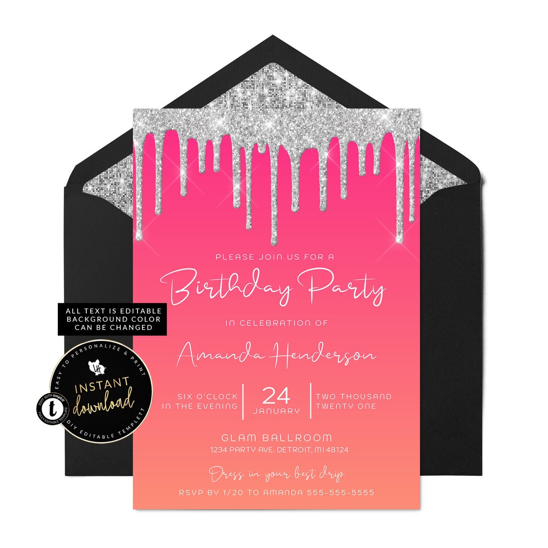 Silver Dripping Invitation, Glitter Drip Invitation, Birthday Drip ...
