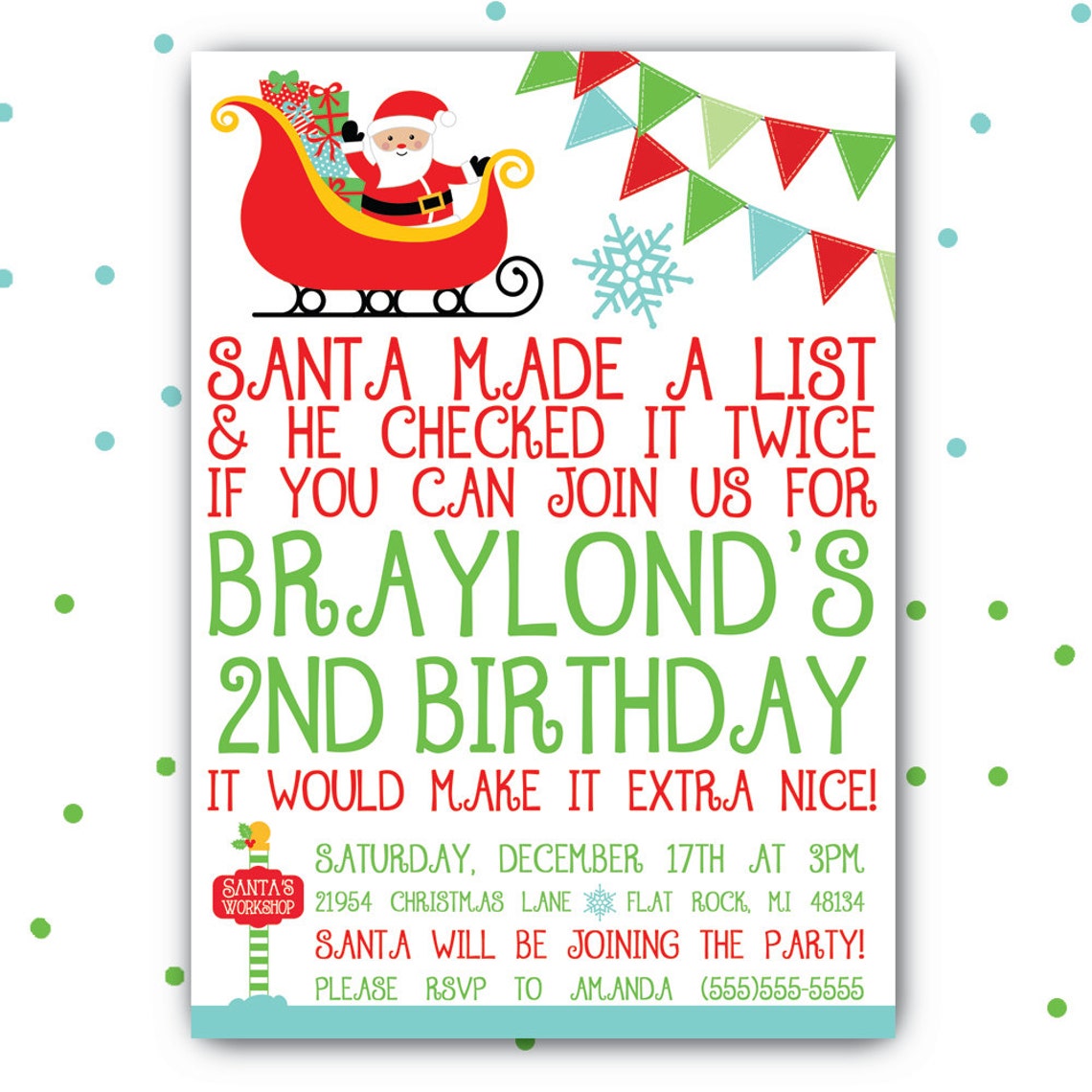 Christmas Birthday Invitation, Santa Birthday Invitation, Holiday ...