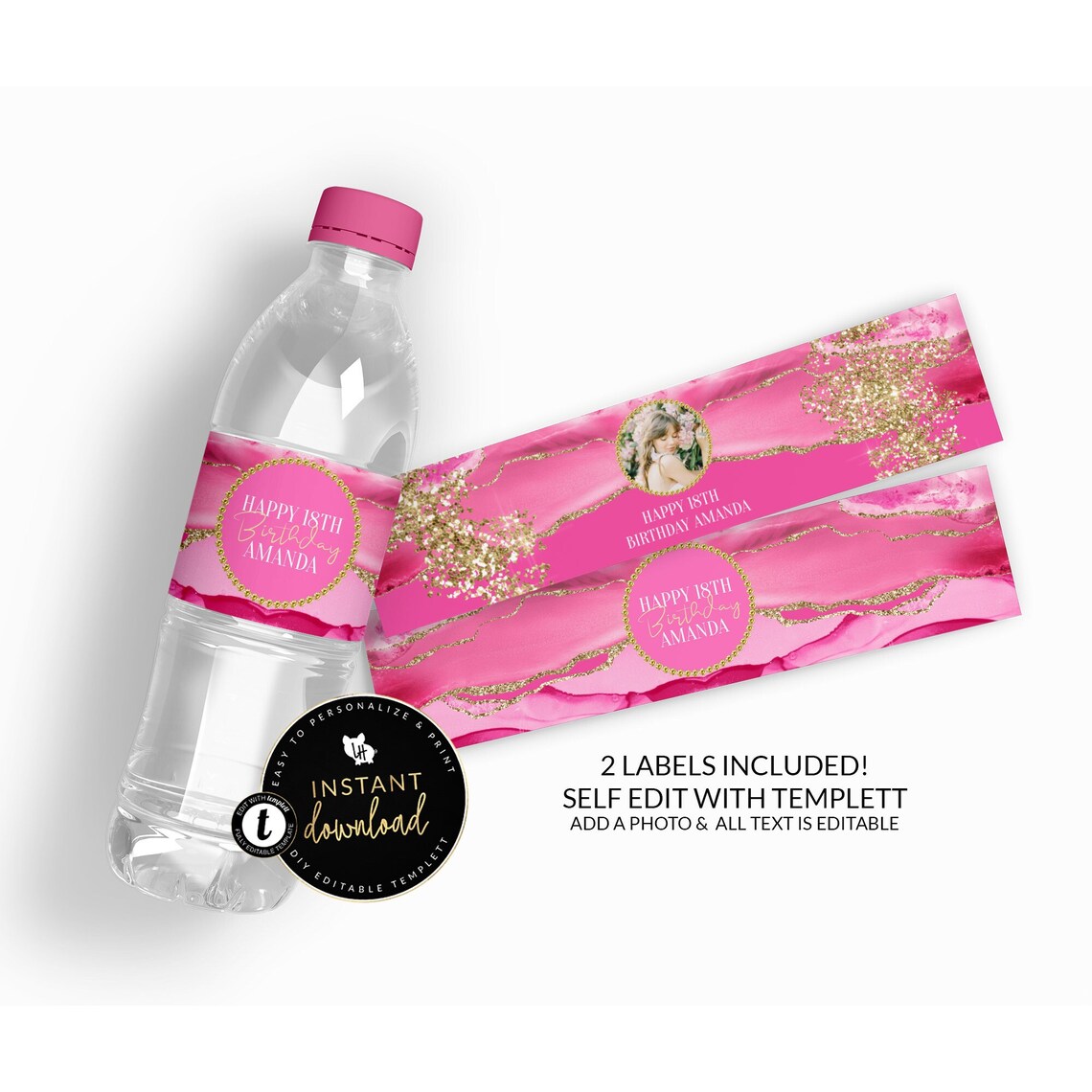 Pink and Gold Water Bottle Labels Pink Agate Water Label - Etsy
