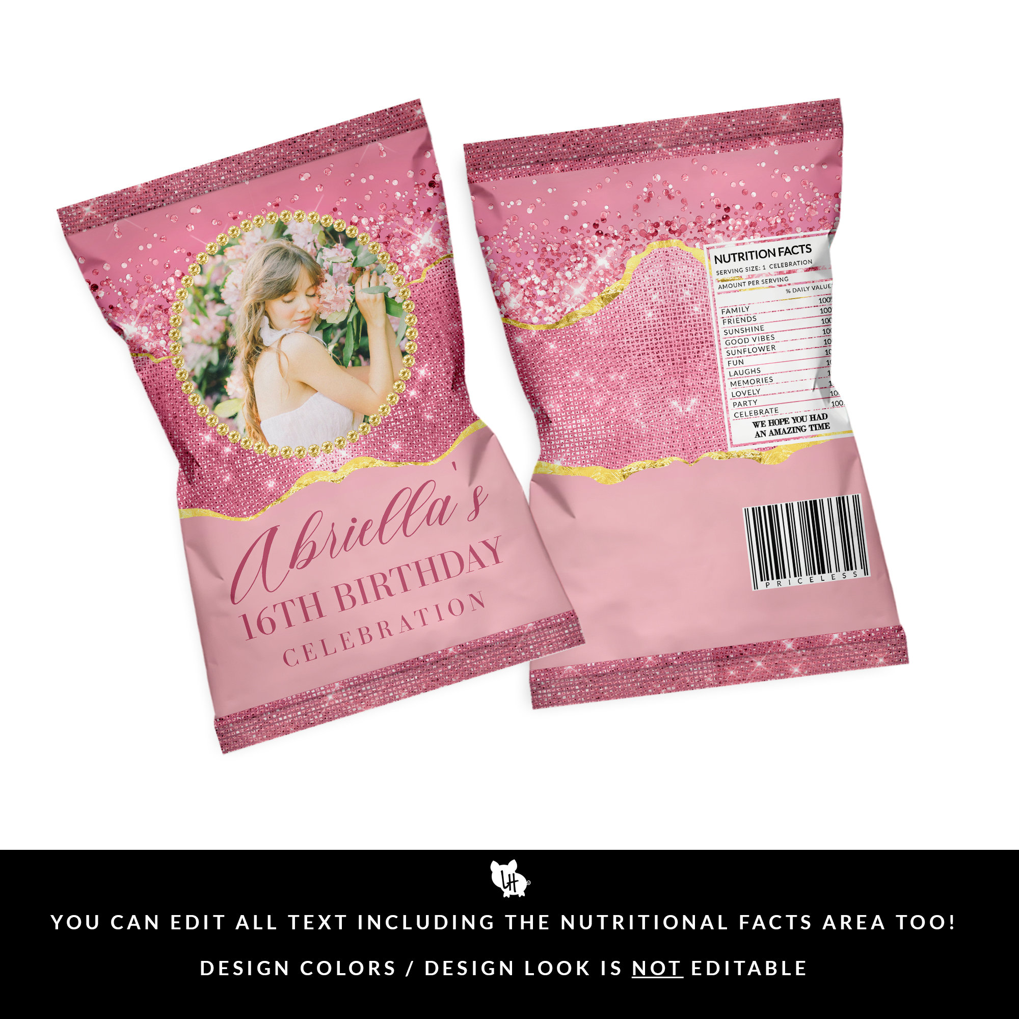 Girls Birthday Chip Bag Pink Printable Chip Bag Pink and - Etsy