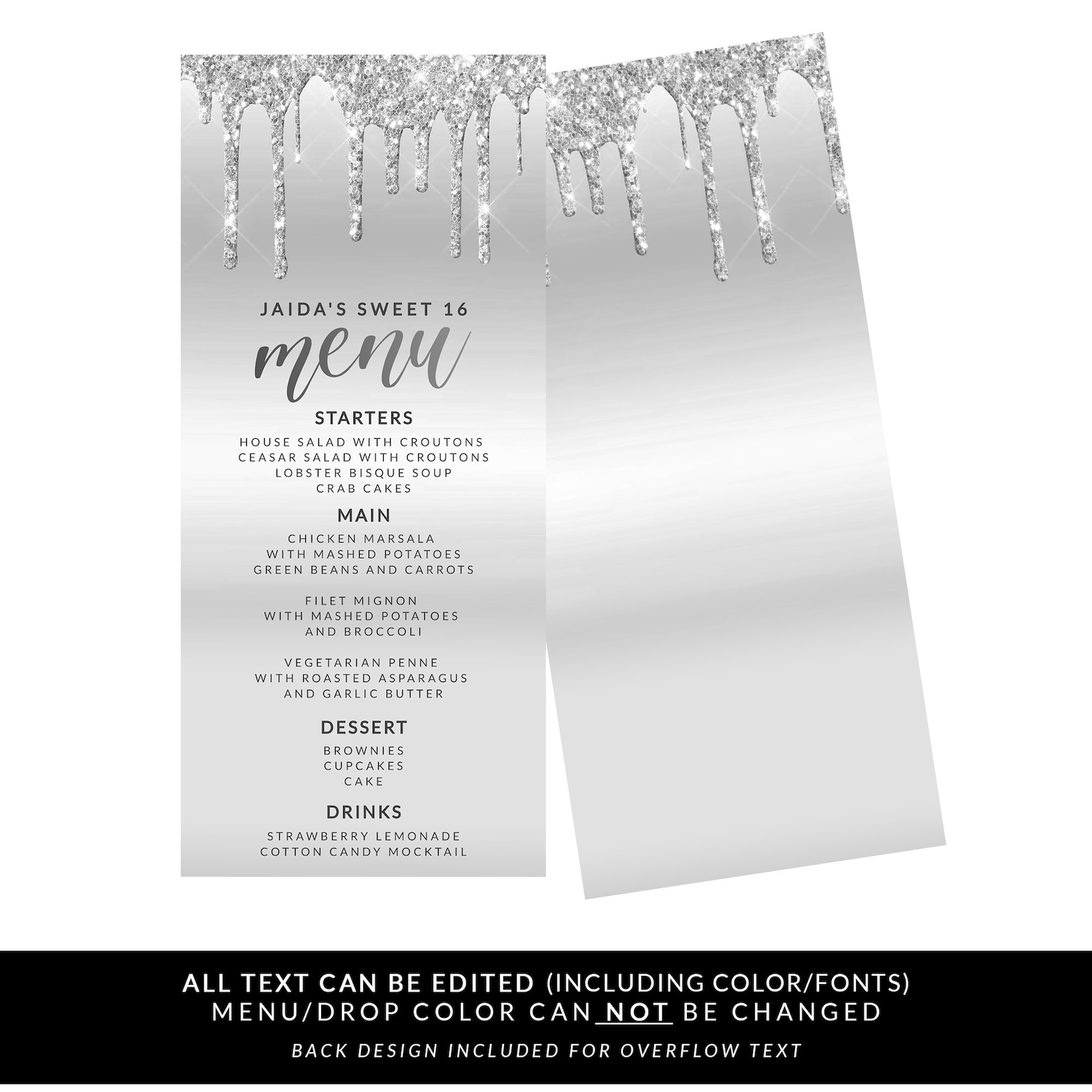 Dripping Silver Menu Card Glitter Drip Menu Silver Birthday - Etsy