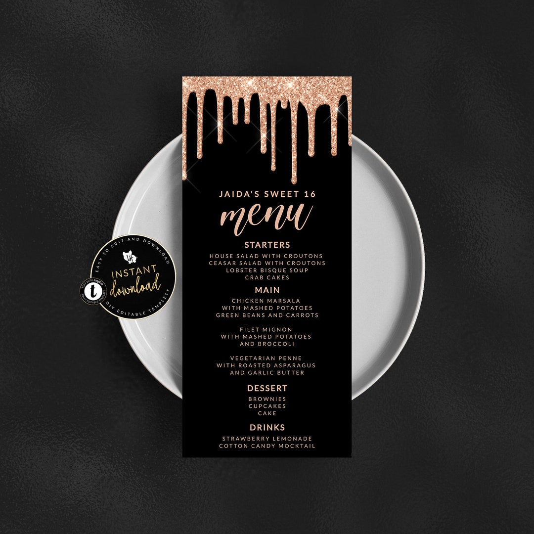 Rose Gold Glitter Drip Menu, Rose Gold Birthday Menu, Rose Gold Shower ...