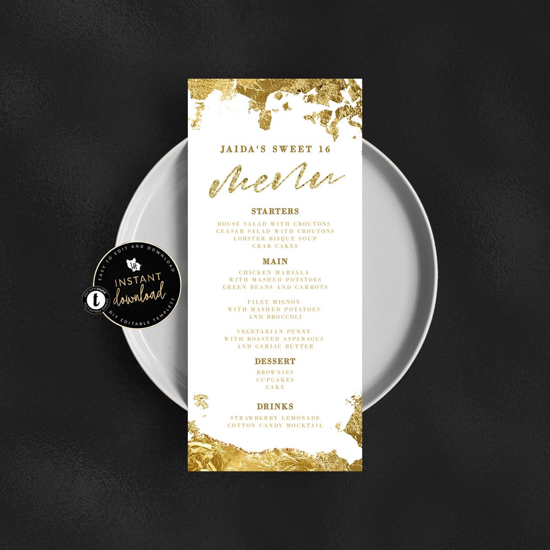 Gold Menu Card, Gold Faux Foil Menu, Gold Menu With Endless Background ...