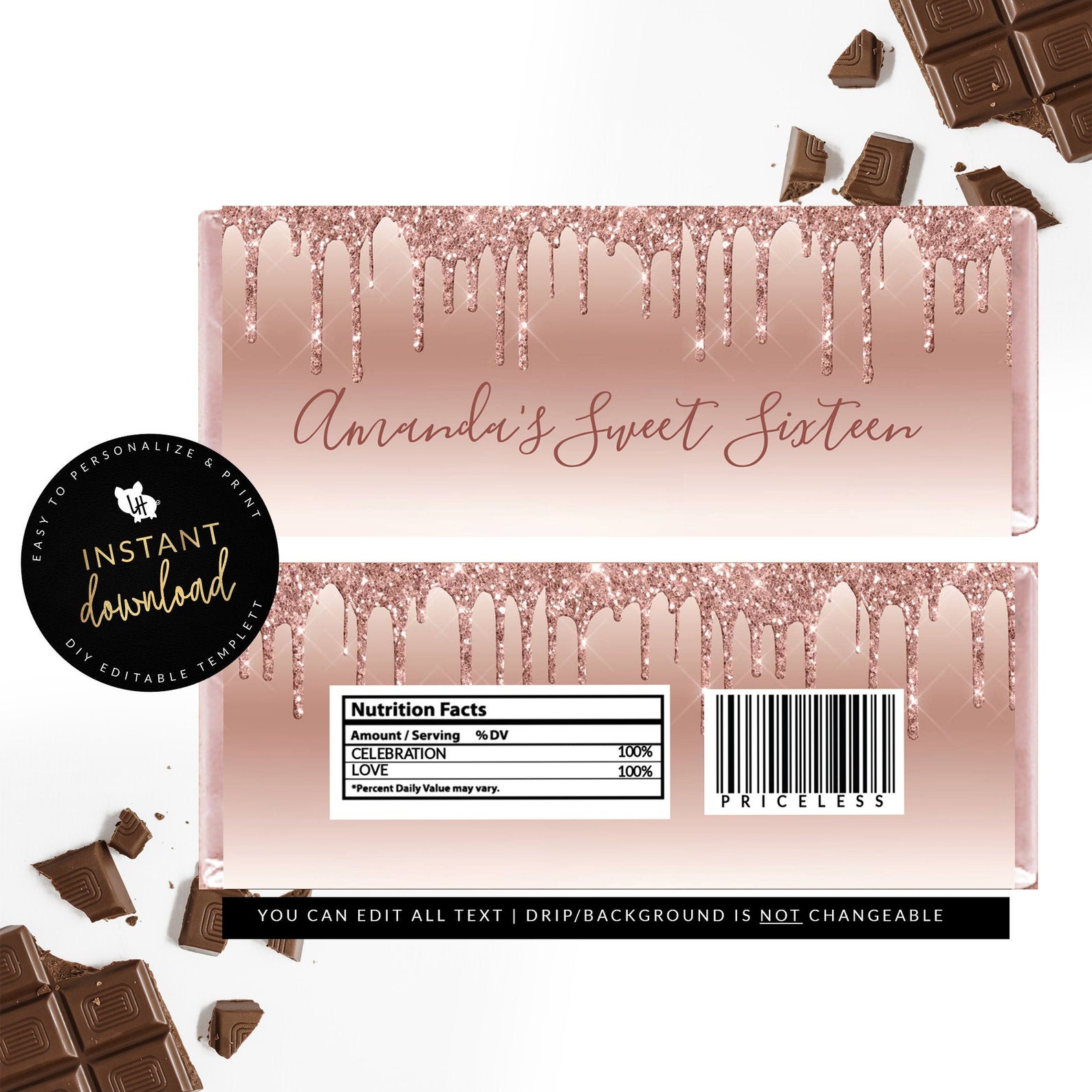 Rose Gold Drip Candy Bar Label Rose Gold Candy Bar Label - Etsy