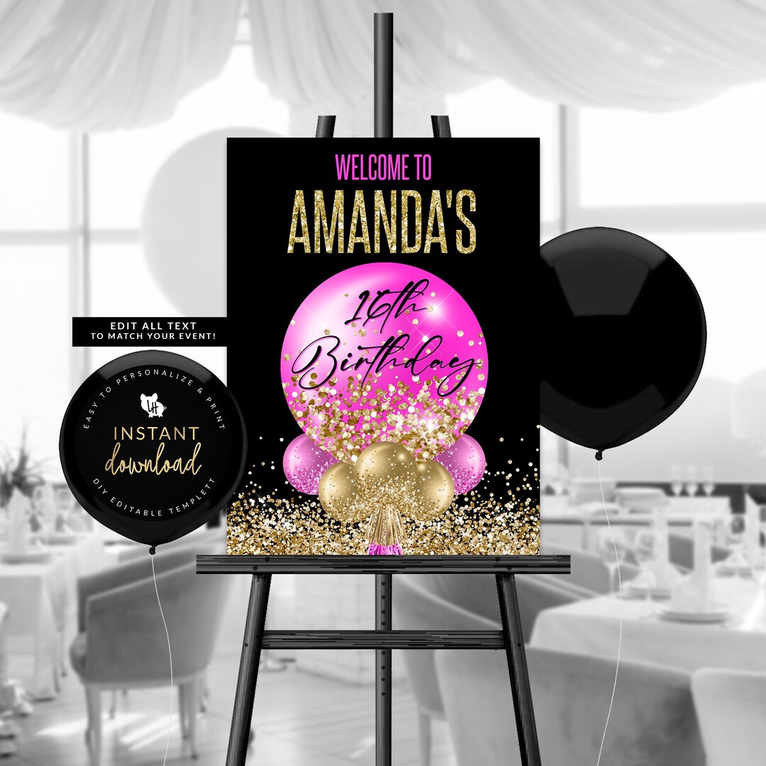 Pink and Gold Welcome Sign, Birthday Welcome Poster, Pink and Black ...