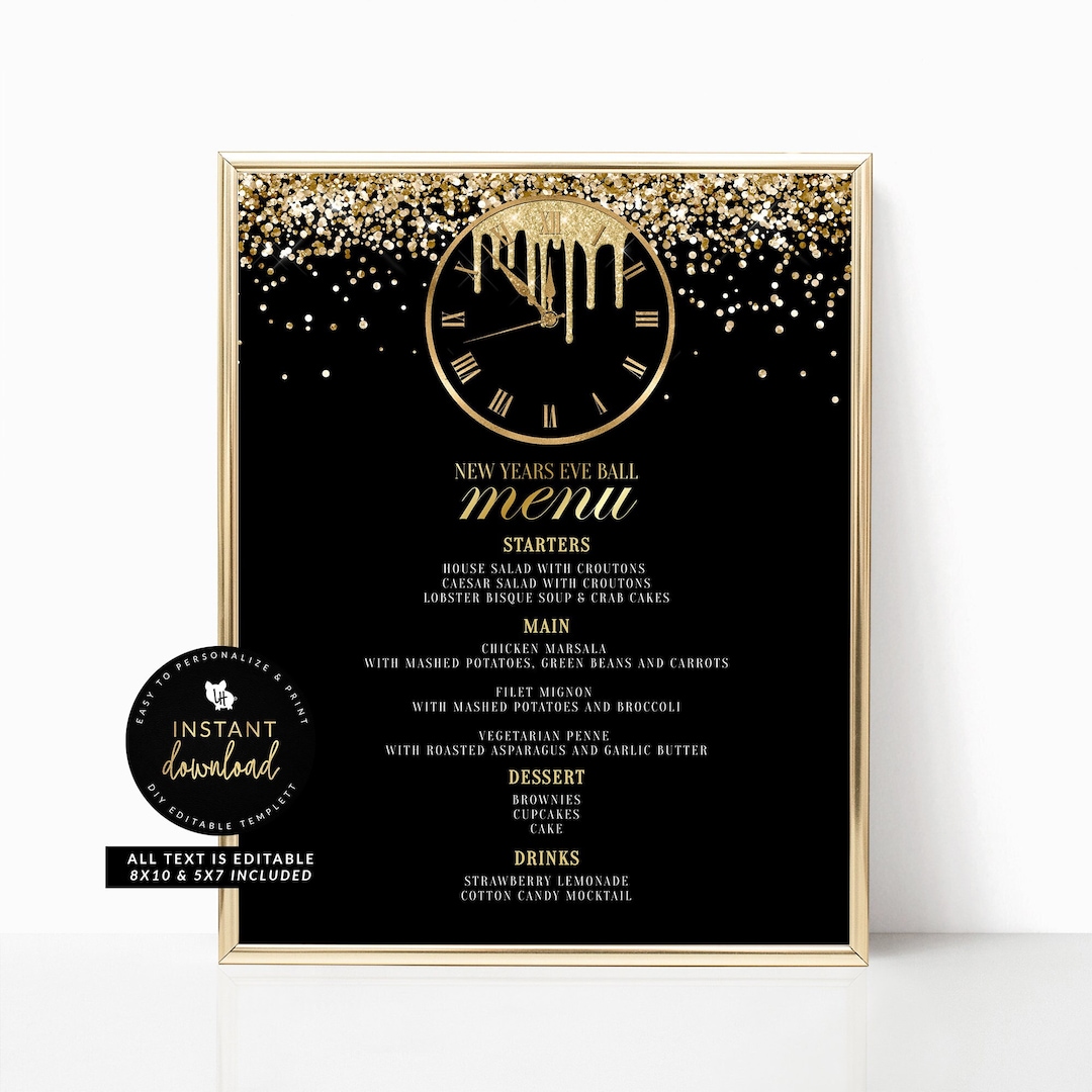 New Years Eve Editable Menu Sign, NYE Bar Sign, NYE Food Menu, Clock ...