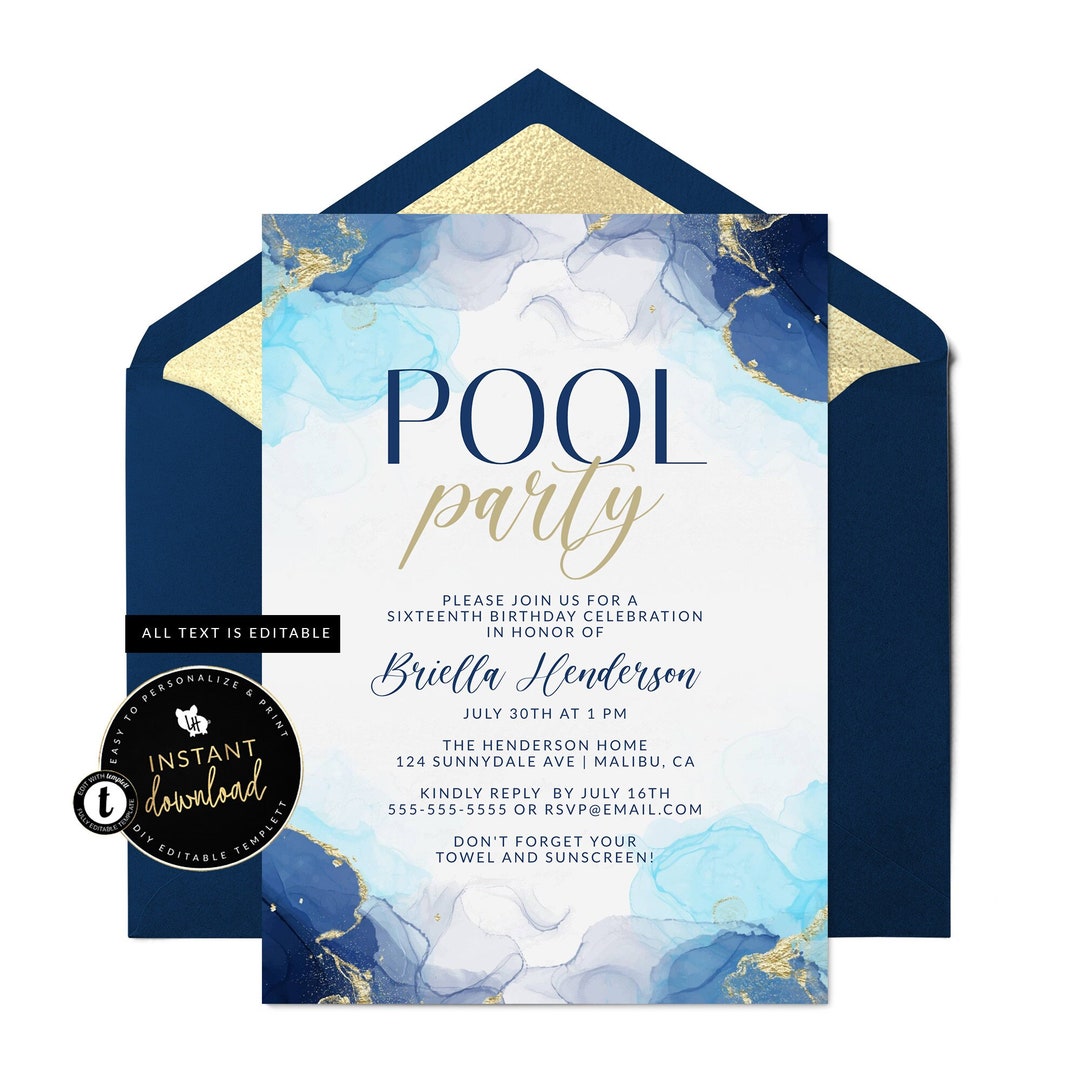 Pool Party Invitation, Beach Invite, Blue and Gold Invitation, Blue ...
