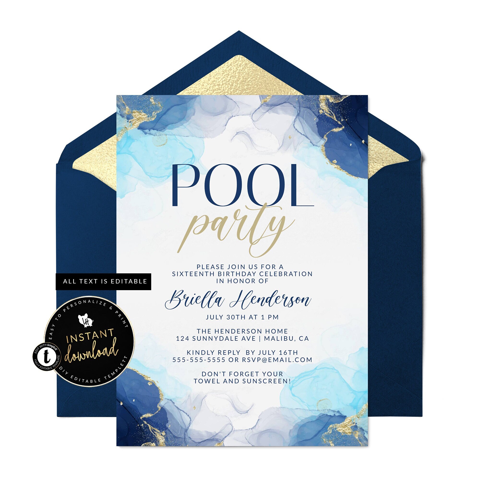 Pool Party Invitation Beach Invite Blue and Gold Invitation | Etsy