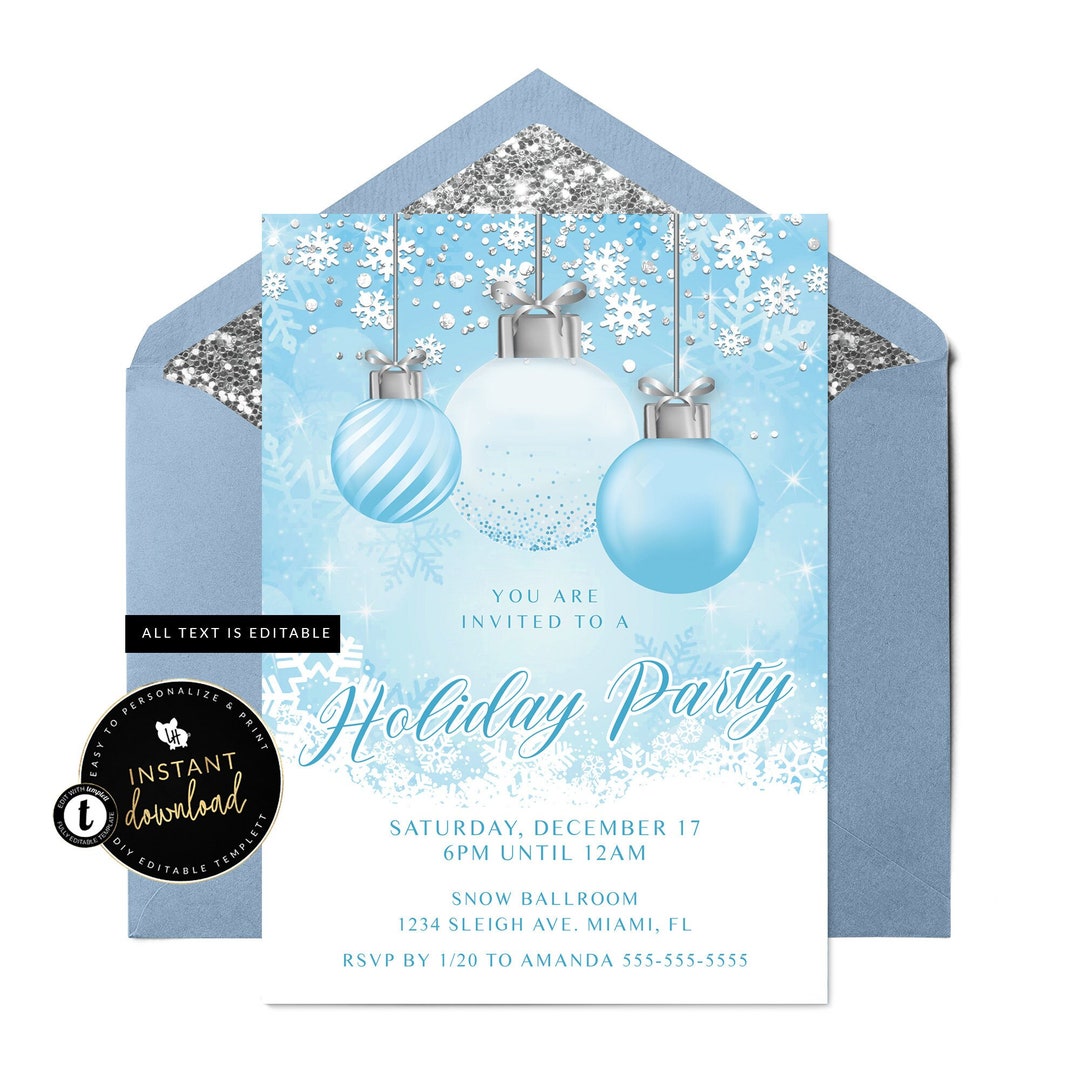 Blue Christmas Party Invitation, Blue Holiday Party Invite, Friends ...