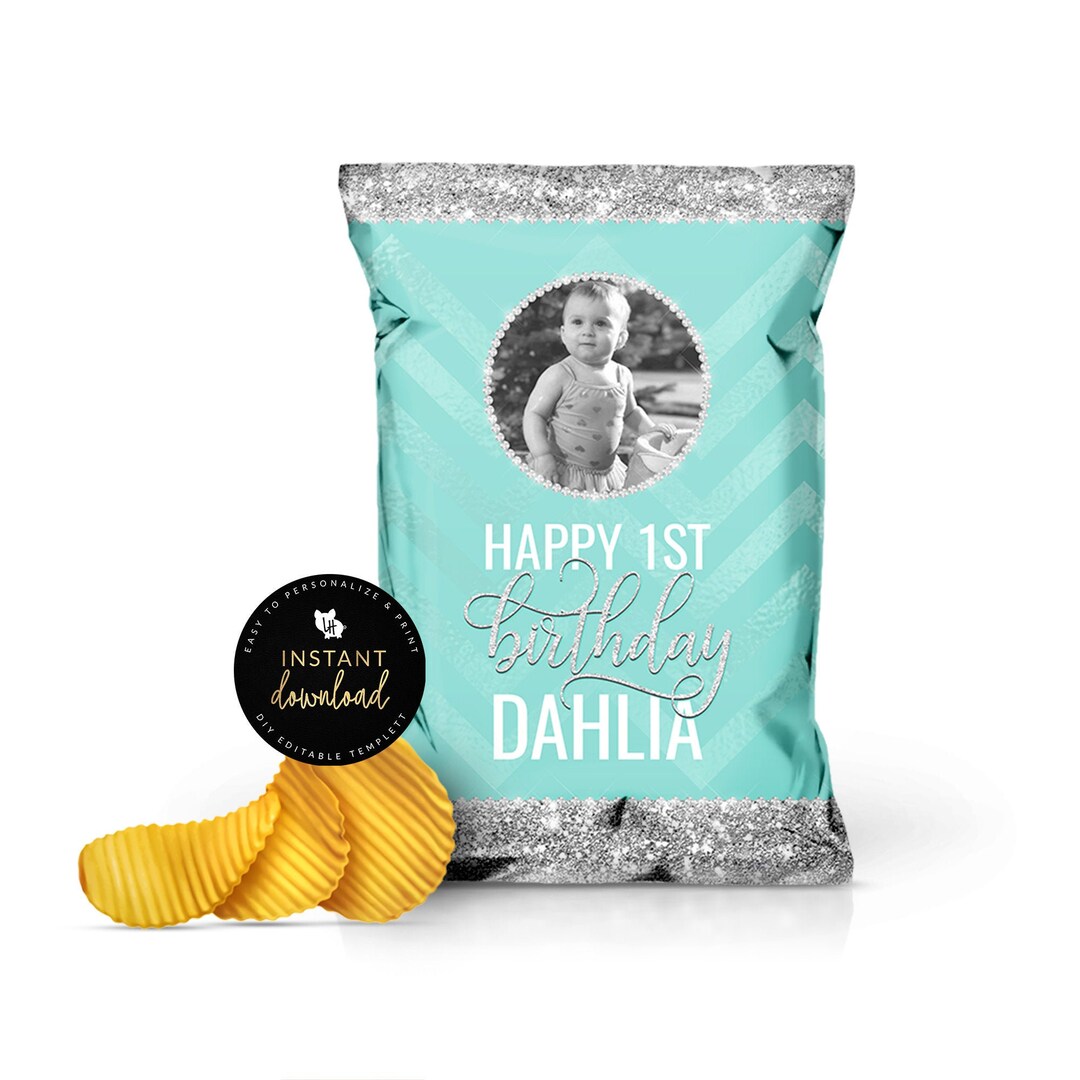 Teal and Silver Chip Bag, Birthday Chip Bag, Girly Chip Bag, Teal Snack ...