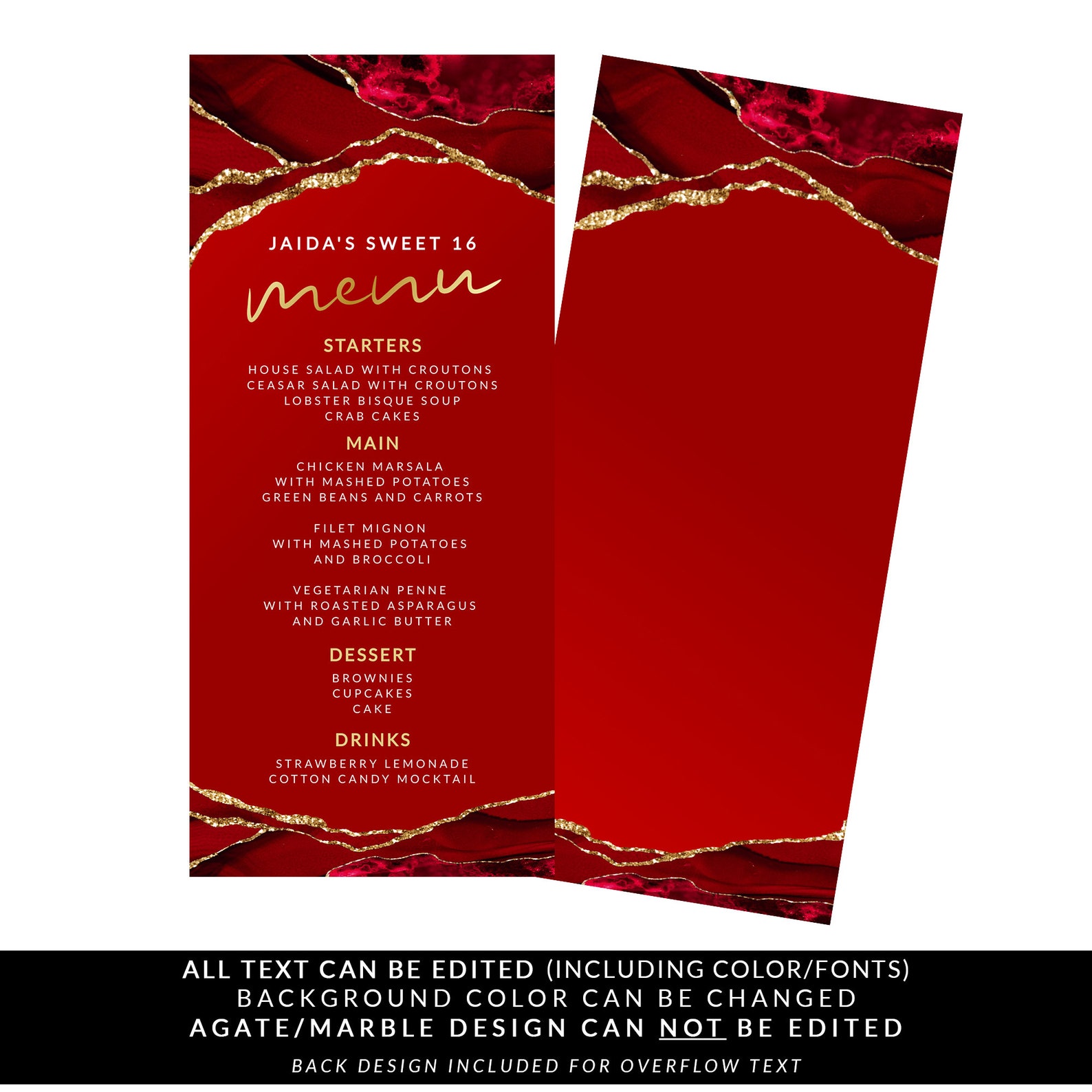 Red and Gold Menu Card Red Menu Red and Gold Agate Menu Red | Etsy