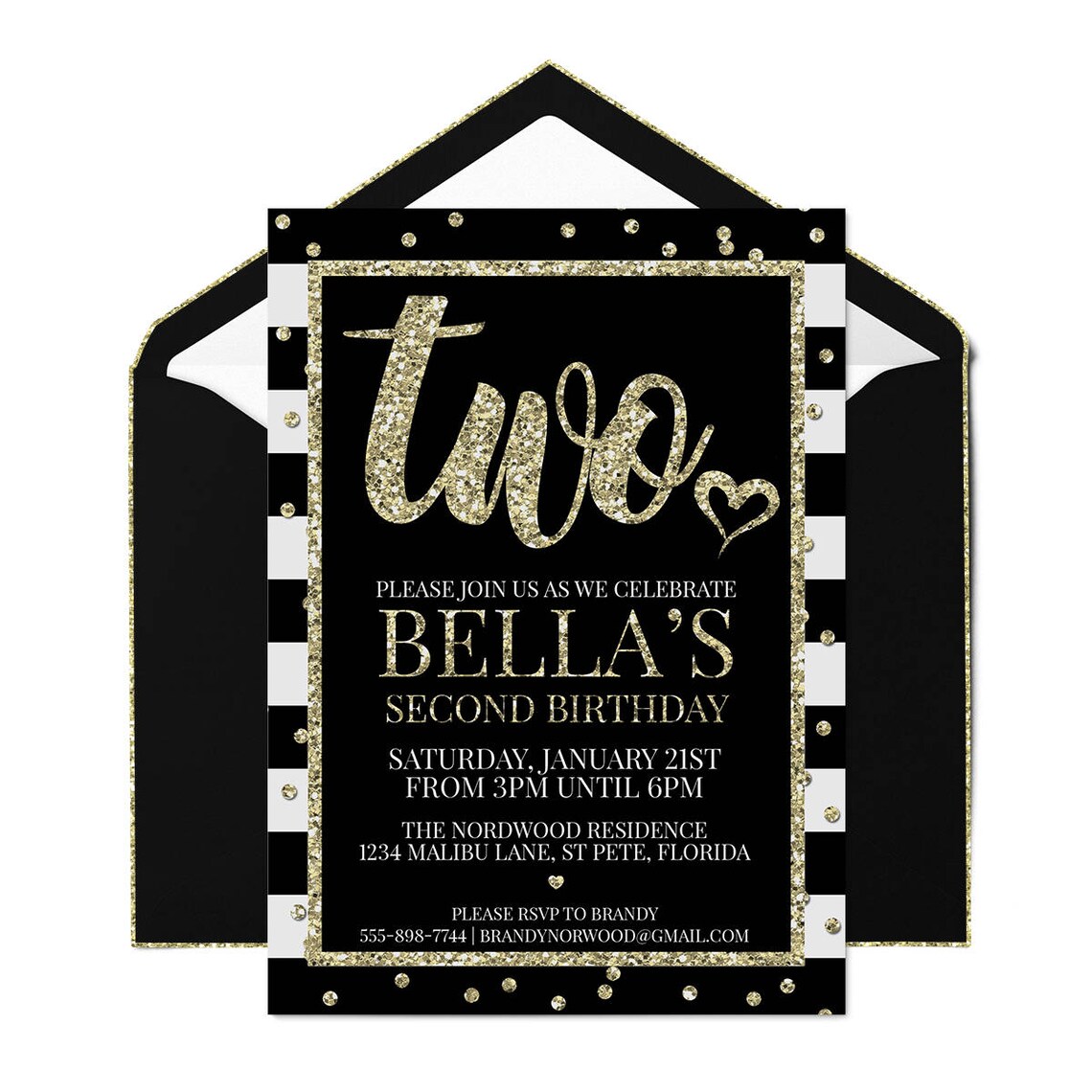 Two Birthday Invitation, 2nd Birthday Invitation Girl, Black and Gold ...