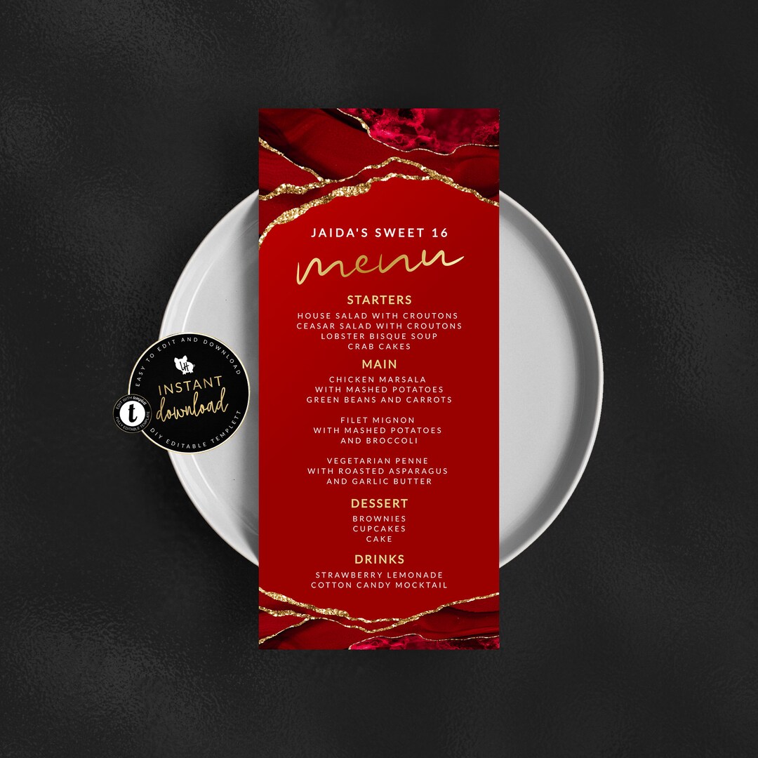 Red and Gold Menu Card, Red Menu, Red and Gold Agate Menu, Red Birthday ...
