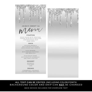 Dripping Silver Menu Card Glitter Drip Menu Silver Birthday - Etsy