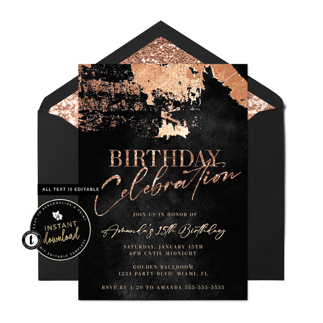 Black and Rose Gold Invitation, Black and Rose Gold Birthday, Rose Gold ...