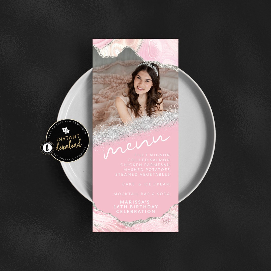 Blush Pink and Silver Photo Menu Card, Pink and Silver Agate Menu, Pink ...