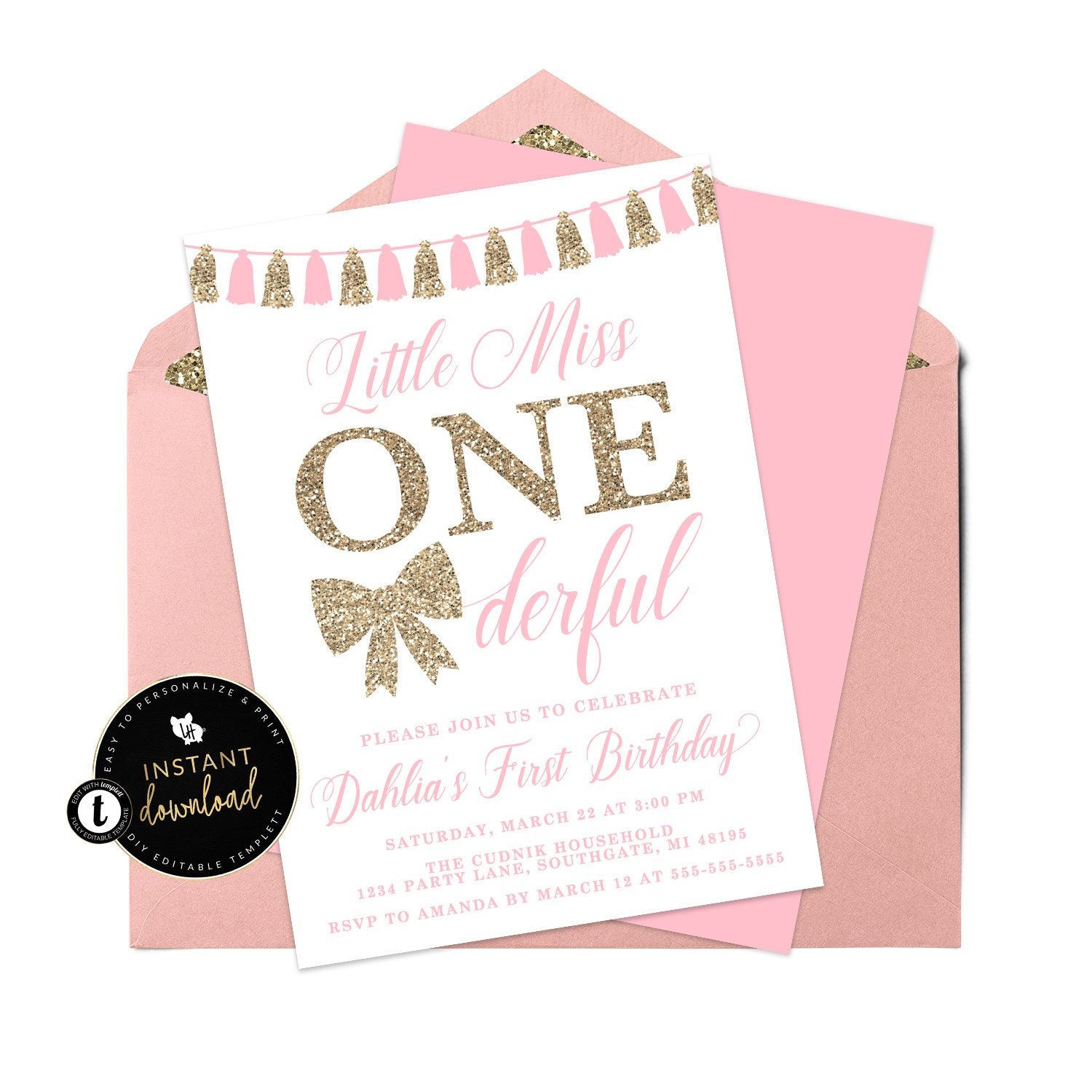 Little Miss Onederful Birthday Invitation Pink and Gold First - Etsy