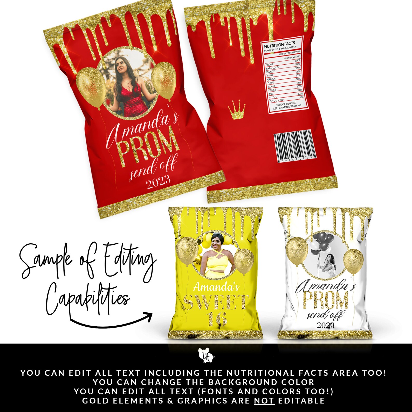 Gold Prom Chip Bag, Dripping Gold Prom Chip Bag, Prom Favor Bag, Prom ...