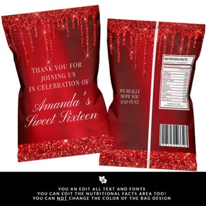 Dripping Red Chip Bag, Red Printable Chip Bag, Red Birthday Favors, Red ...