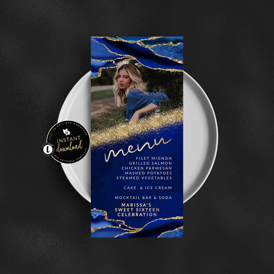 Blue and Gold Photo Menu Card, Blue and Gold Agate Menu, Blue and Gold ...