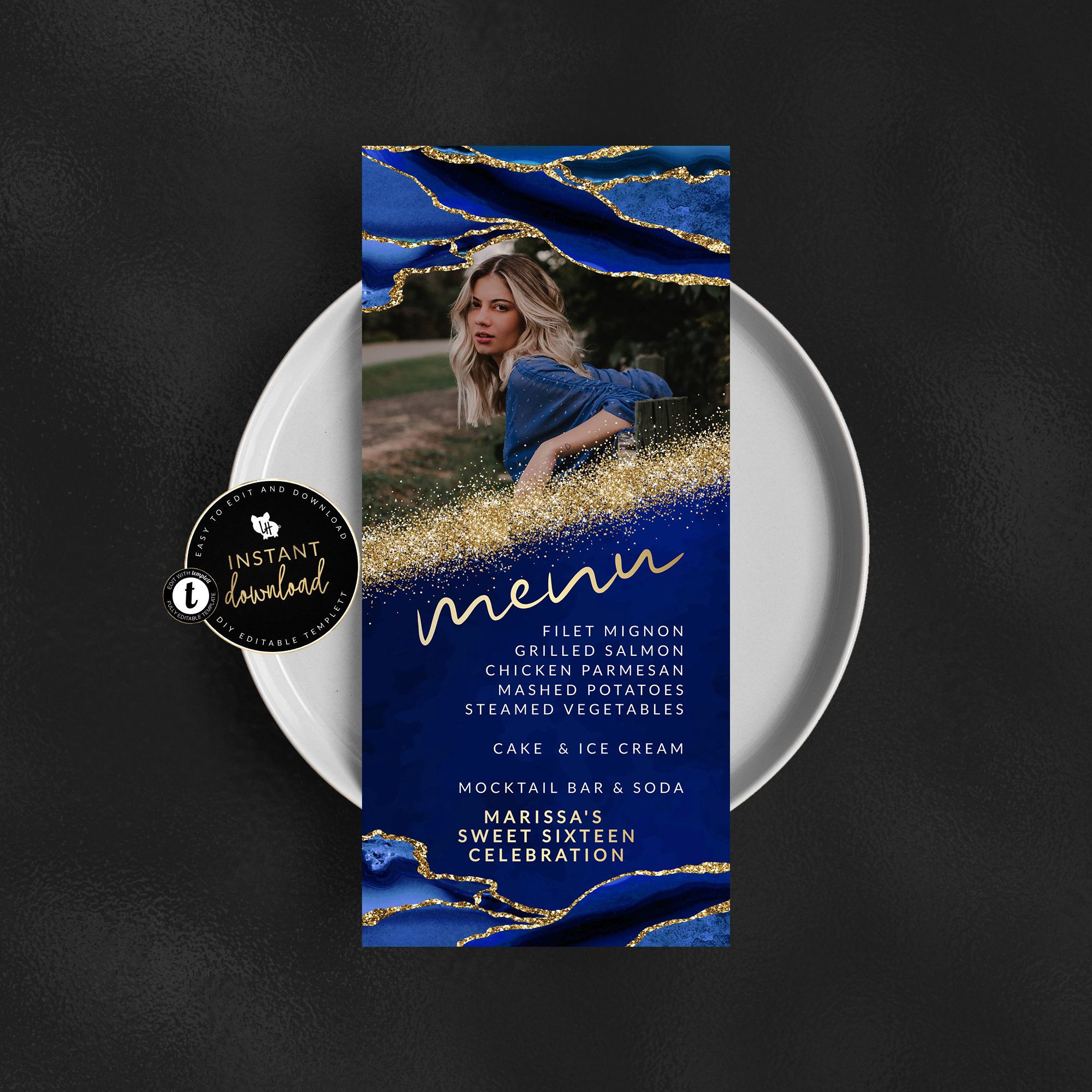 Blue and Gold Photo Menu Card, Blue and Gold Agate Menu, Blue and Gold ...