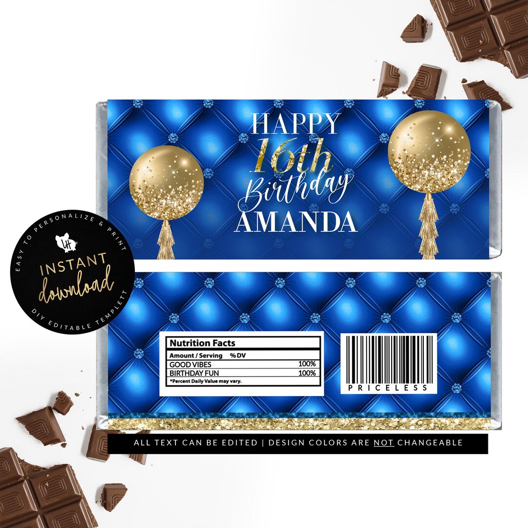Blue and Gold Candy Bar Label, Elegant Blue and Gold Candy Bar, Blue ...