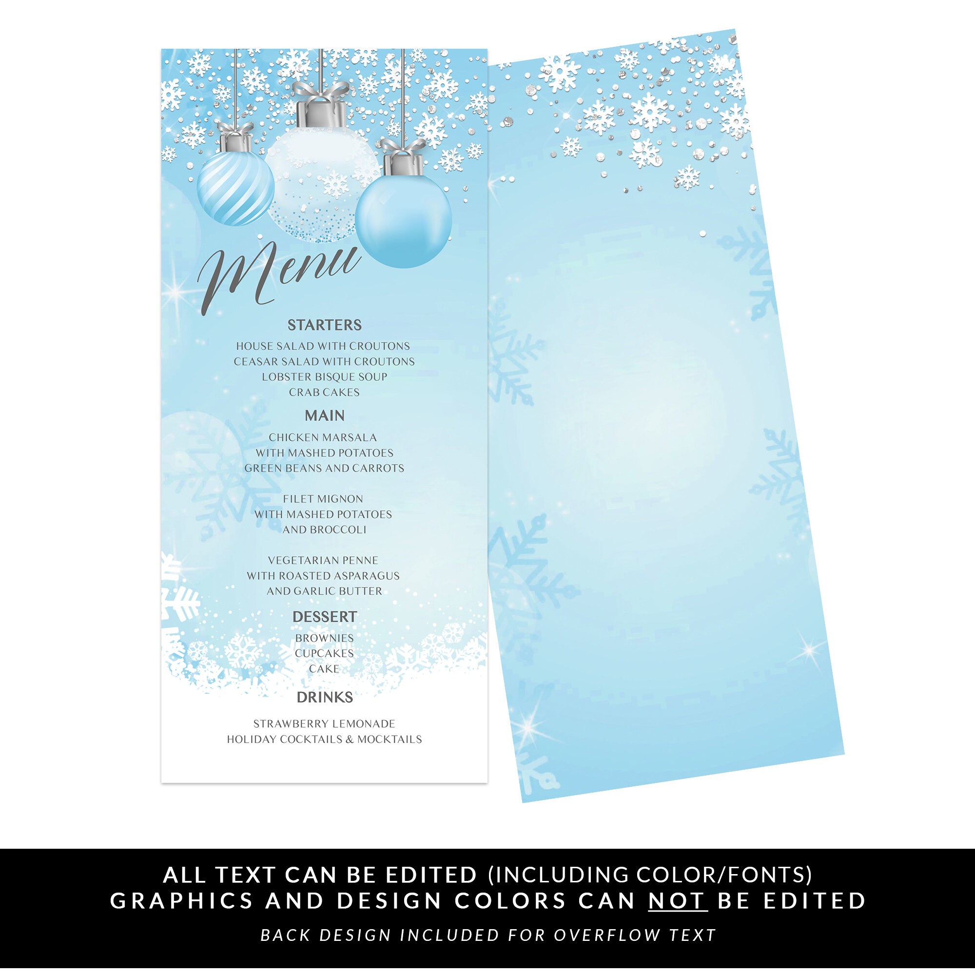 Blue Christmas Menu Card, Christmas Dinner, Menu, Blue Holiday Menu ...